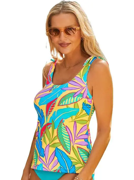 SWIMSUITS FOR ALL Scoop Neck Tie-shoulder Tankini Top - Lemon Mist Tropical