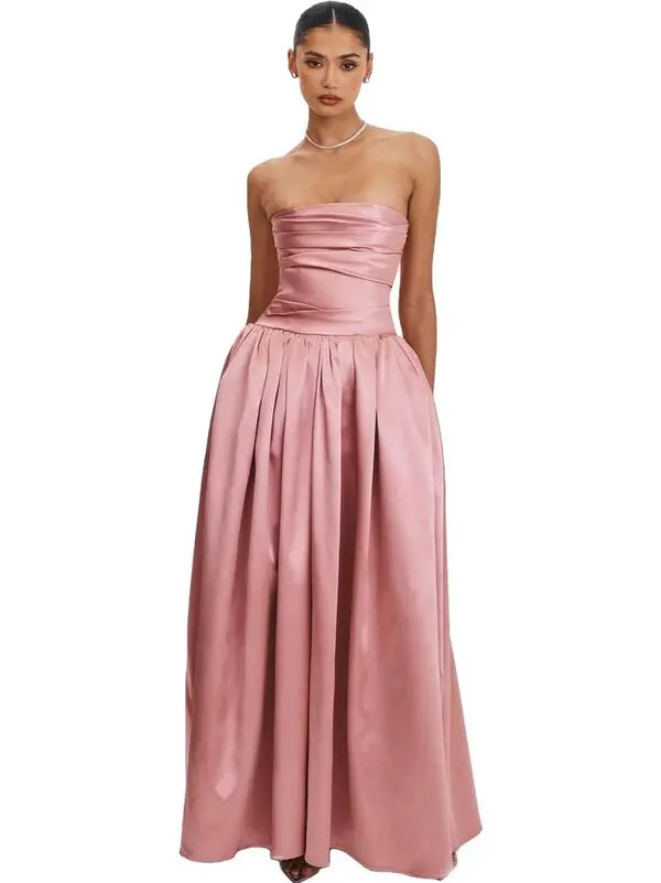MISS CIRCLE Satin Strapless Gathered Maxi Dress - Coral