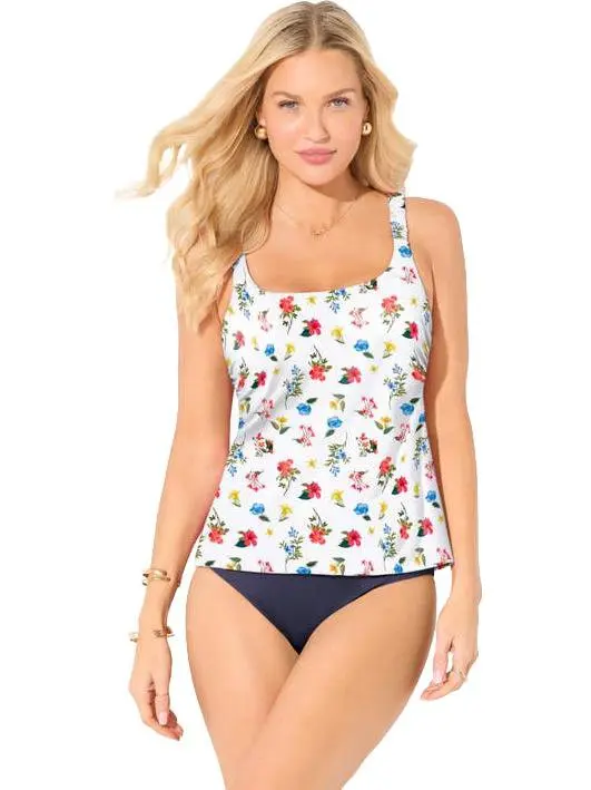 SWIMSUITS FOR ALL Shirred Tankini Top - White Ditsy Floral