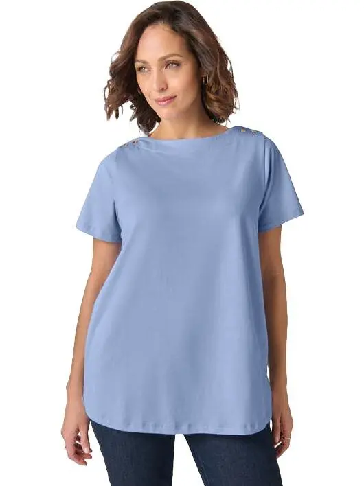 JESSICA LONDON Short Sleeve Boatneck Knit Tee - Azure Mist