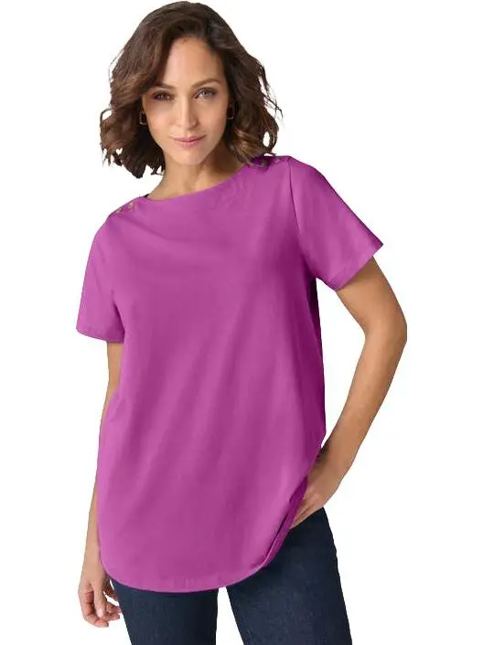JESSICA LONDON Short Sleeve Boatneck Knit Tee - Deep Orchid