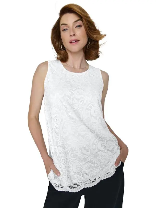 JESSICA LONDON Sleeveless Stretch Lace Tank - White