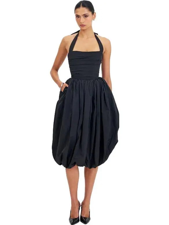 MISS CIRCLE Taffeta Halter Bubble-hem Midi Dress - Black