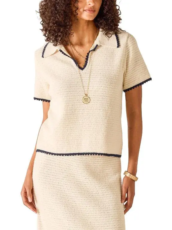 VOYAGEUR BY MERSEA Paley Polo Crochet Top - Ecru/navy