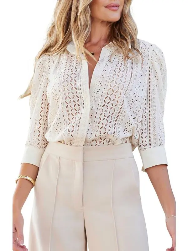 BISHOP + YOUNG Cate Eyelet Ruched Sleeve Top - Beige