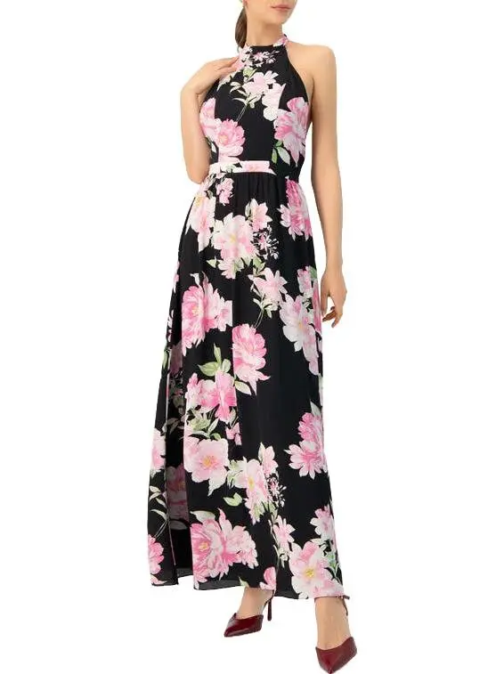 IVONNE Floral Halter Neck Backless Maxi Dress - Black