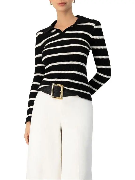 IVONNE Knitted Striped Long Sleeve Polo - Black
