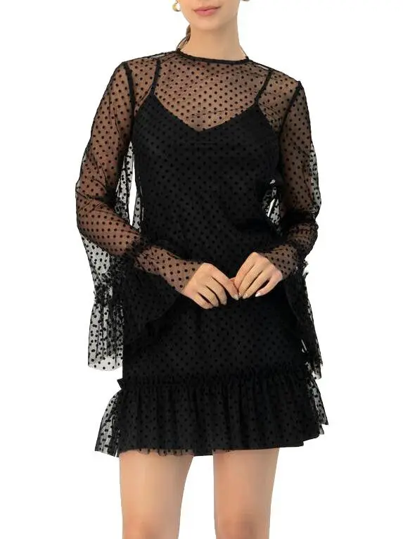 IVONNE Flocked Polka Dot Short Dress - Black
