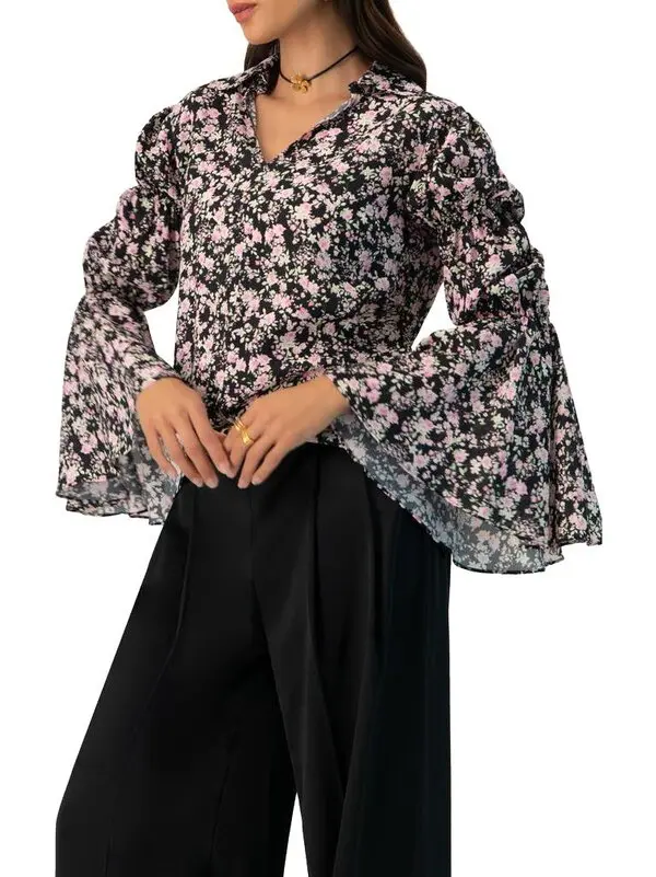 IVONNE Floral Print Long Sleeve Blouse - Black