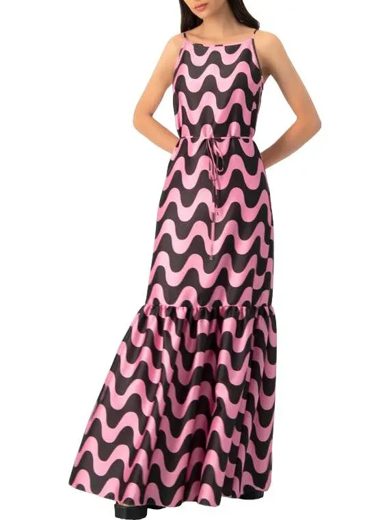 IVONNE Sleeveless Wave Print Maxi Dress - Pink