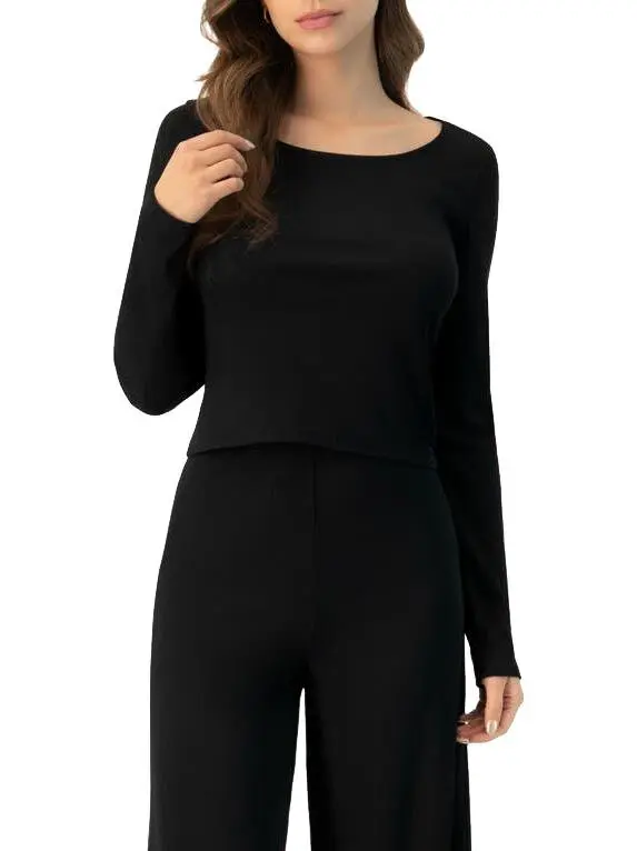 IVONNE Ribbed Long Sleeve Crop Top - Black