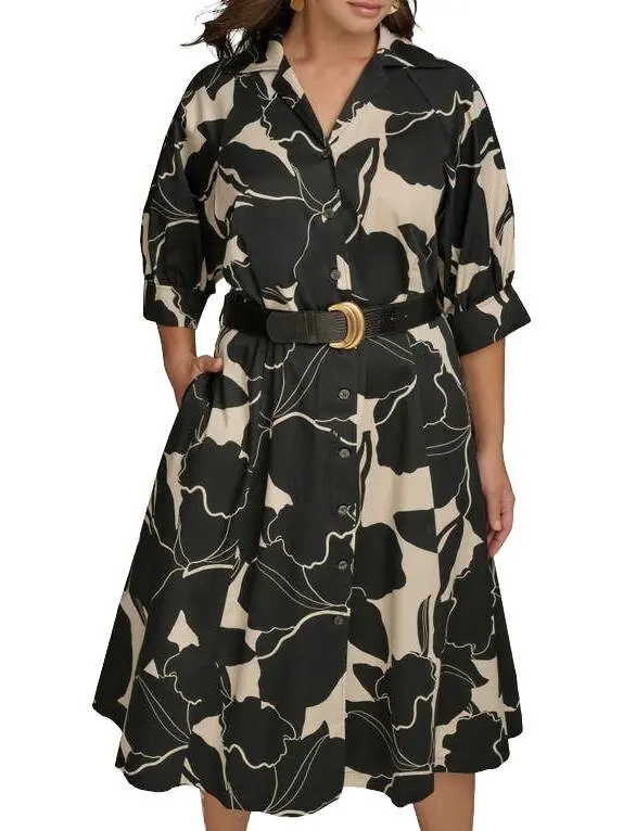 Donna Karan New York Printed Belted Midi Shirtdress - Black/parchment