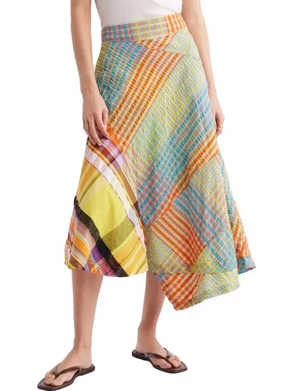 Free People Rivoli Patchwork Plaid Cotton Midi Skirt - Pop Combo