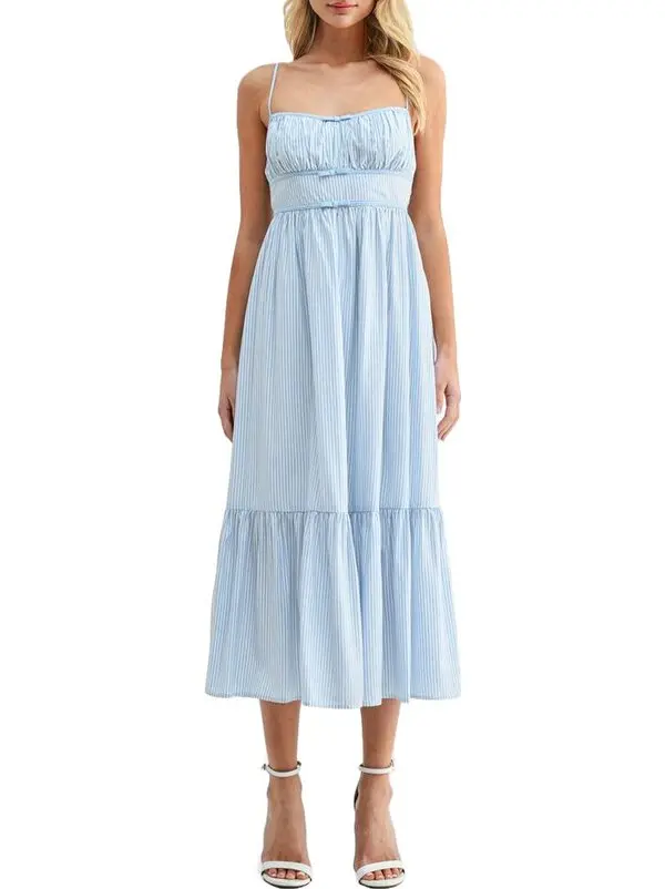 ALL IN FAVOR Stripe Bow Detail Ruffle Hem Midi Dress - Light Blue Stripe