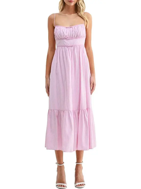 ALL IN FAVOR Stripe Bow Detail Ruffle Hem Midi Dress - Pink Stripe