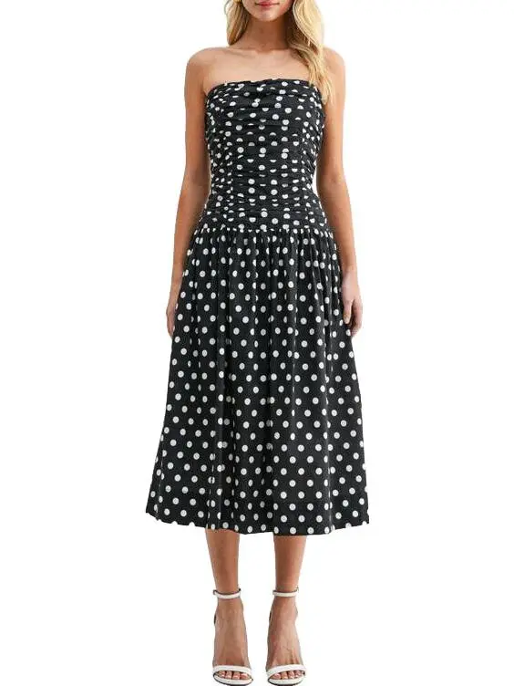ALL IN FAVOR Polka Dot Strapless A-line Dress - Black Cream Dot