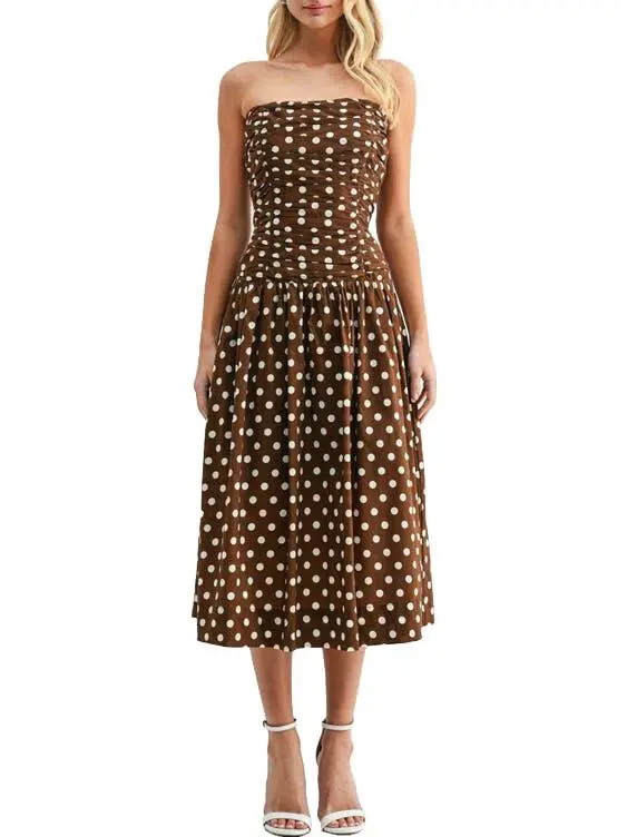 ALL IN FAVOR Polka Dot Strapless A-line Dress - Brown Cream Dot