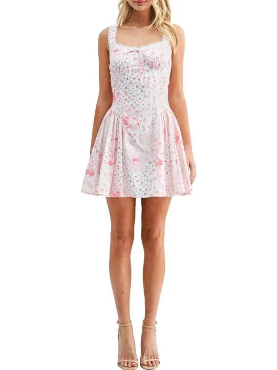 ALL IN FAVOR Mixed Print Lace Detail Fit & Flare Mini Dress - Pink Bows