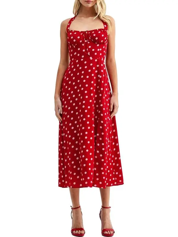 ALL IN FAVOR Dot Halter Midi Dress - Red Pink Dot