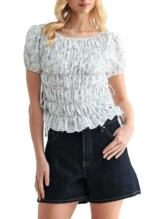 ALL IN FAVOR Floral Smocked Side Tie Top - Ivory Blue