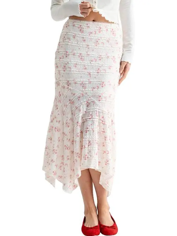 ALL IN FAVOR Print Lace Ruffle Handkerchief Hem Maxi Skirt - Cream Pink Floral