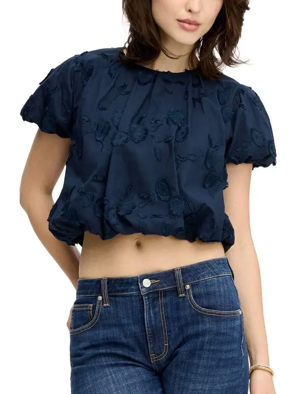 Sam Edelman Embroidered Floral Cotton Bubble Top - Navy