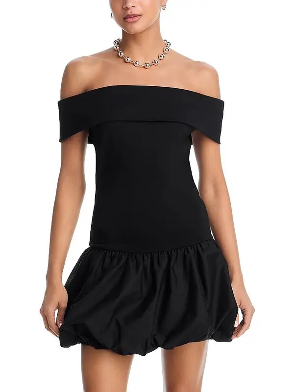 Aqua Ponte Off-the-shoulder Bubble Hem Mini Dress - Black
