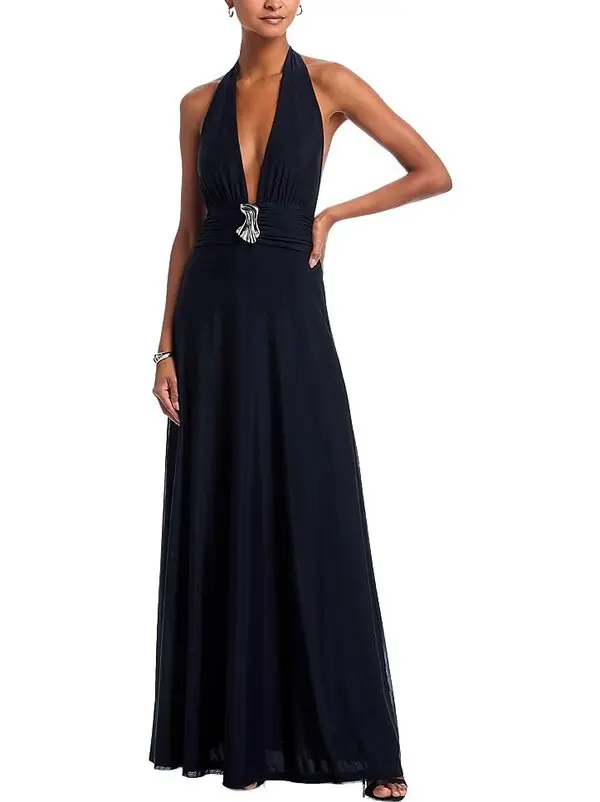 KATE BARTON Mesh Halter Maxi Dress - Navy