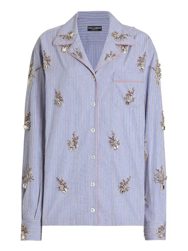 Dolce & Gabbana Cotton Shirt With Crystal Flower Embroidery - Multicolor