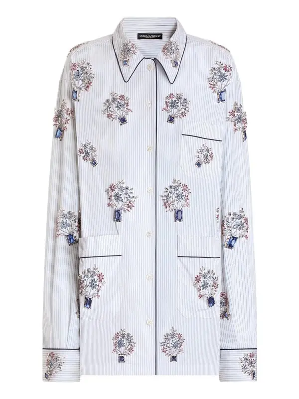 Dolce & Gabbana Poplin Shirt With Crystal Flower Embroidery - Multicolor