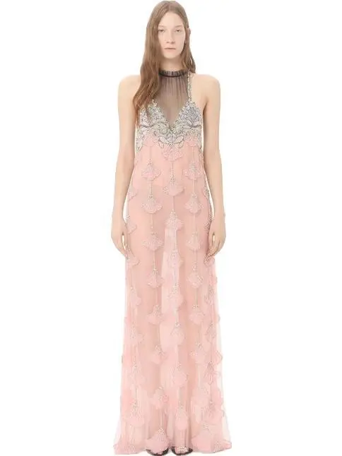 Valentino Garavani Long Dress In Embroidered Tulle Illusione - Silver