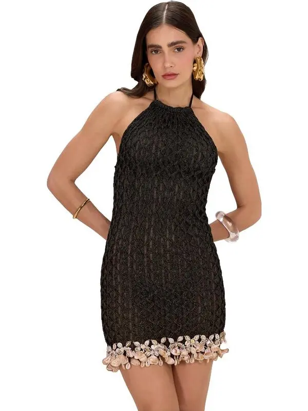 PatBO Beaded Mesh Mini Dress - Black