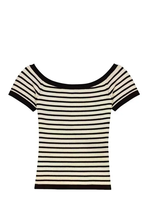 Maje Striped Rib Knit Boat Neck Short Sleeve Top - Neutrals