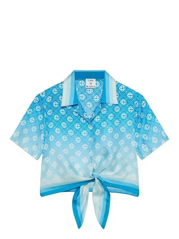 Casablanca Gradient Monogram Knotted Cropped Silk Shirt - Blue