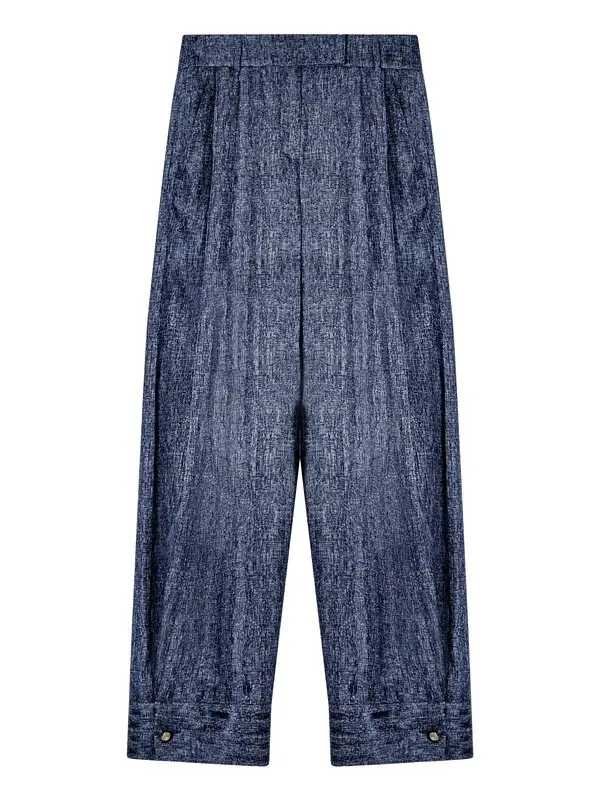 Giorgio Armani Pleated Denim-print Silk Trousers - Navy Blue