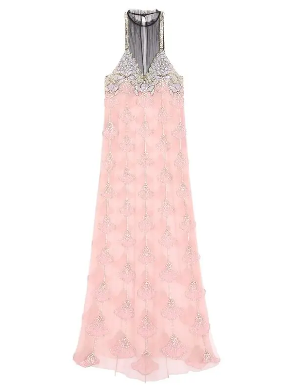 Valentino Garavani Long Dress In Embroidered Tulle Illusione - Pink/silver