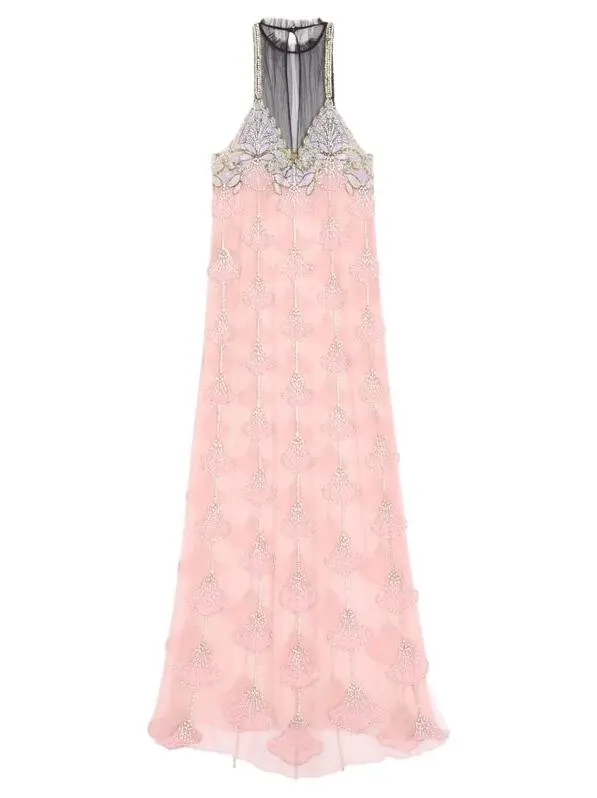 Valentino Garavani Long Dress In Embroidered Tulle Illusione - Pink/silver