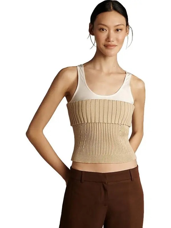 Central Park West Foldover Layered Sweater Tank Top - Ivory Pattern