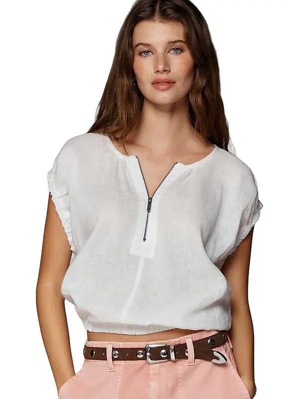 PILCRO 100% European Linen Zip Front Blouse - White