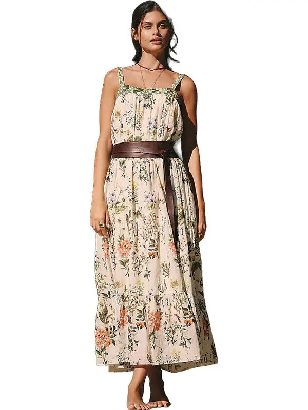 RO'S GARDEN Natasha Square-neck Tiered Maxi Dress - Botanical Pattern