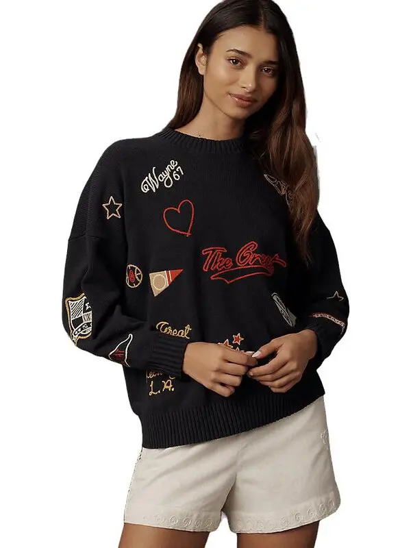 The Great. Embroidered Pullover Sweater - Navy