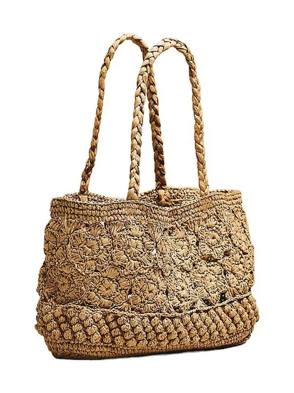 LoveShackFancy Sharlo Crochet Flower Tote Bag - Tan