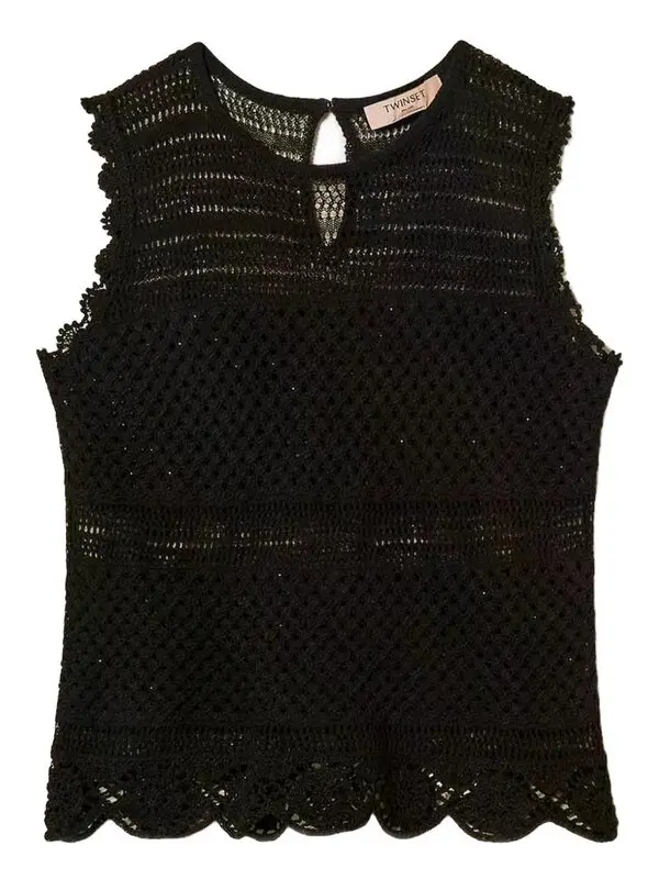 TWINSET Sleeveless Openwork Knit Top With Rhinestones - Black