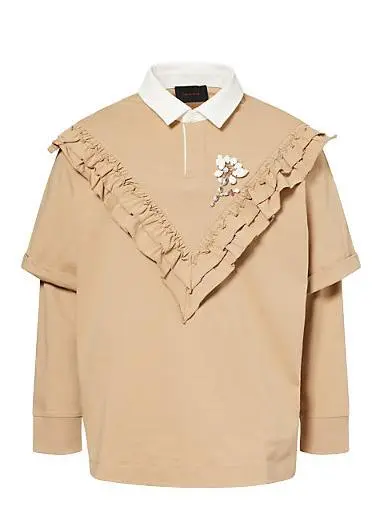 Simone Rocha Jewel-embellished Ruffled Cotton Rugby Shirt - Sand/opaque/clear