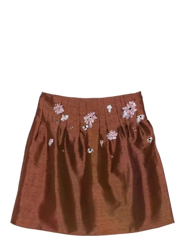 SHUSHU/TONG Floral-embellished Pleated Mini Skirt - Brown