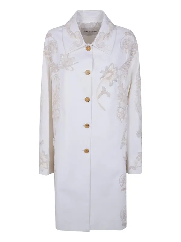 Dries Van Noten Embroidered Single Breasted Coat - White
