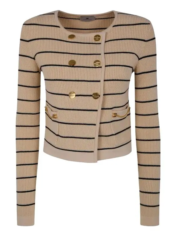 Elisabetta Franchi Striped Tricot Round Neck Sweater - Beige
