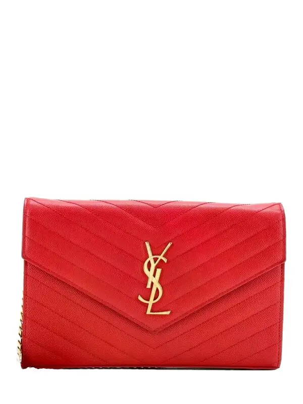 Saint Laurent Classic Monogram Wallet On Chain Matelasse Chevron Leather Medium Crossbody Bag - Red