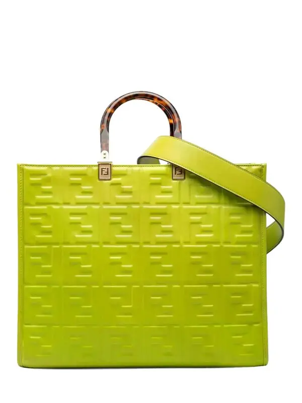 Fendi Zucca Embossed Leather Sunshine Shopper Tote Satchel - Green