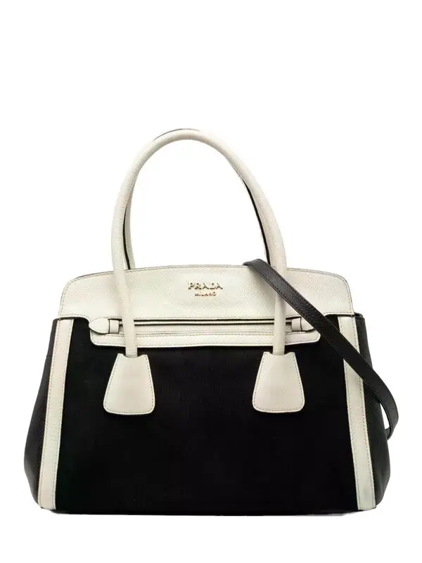 Prada Bicolor Saffiano And Canvas Satchel - Black